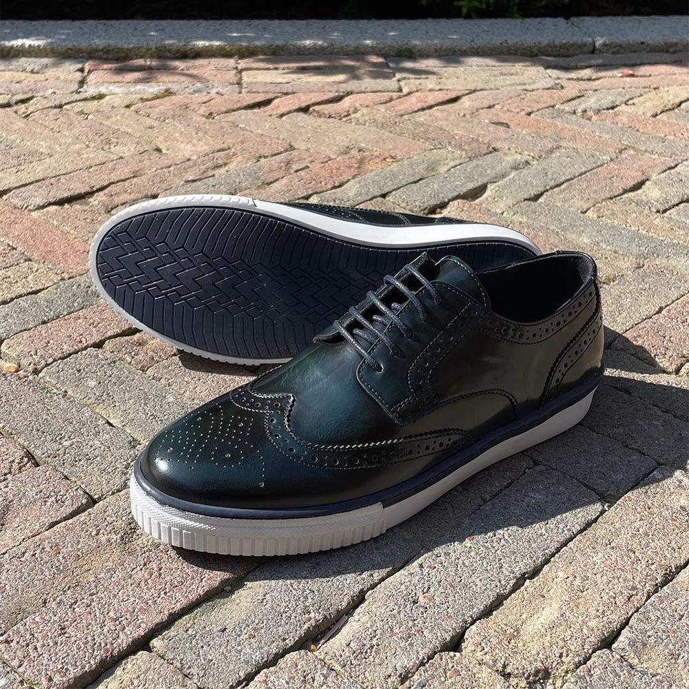 Green Brogues Men's Polished Leather Sneakers White Soles