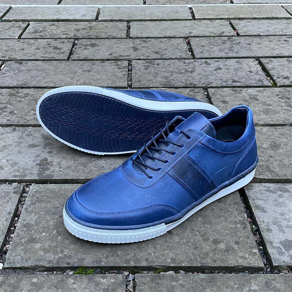 Men's Leather Trainers Blue Shoes White Soles