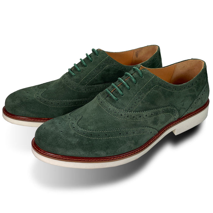 Men's Green Suede Brogue Shoes White Soles