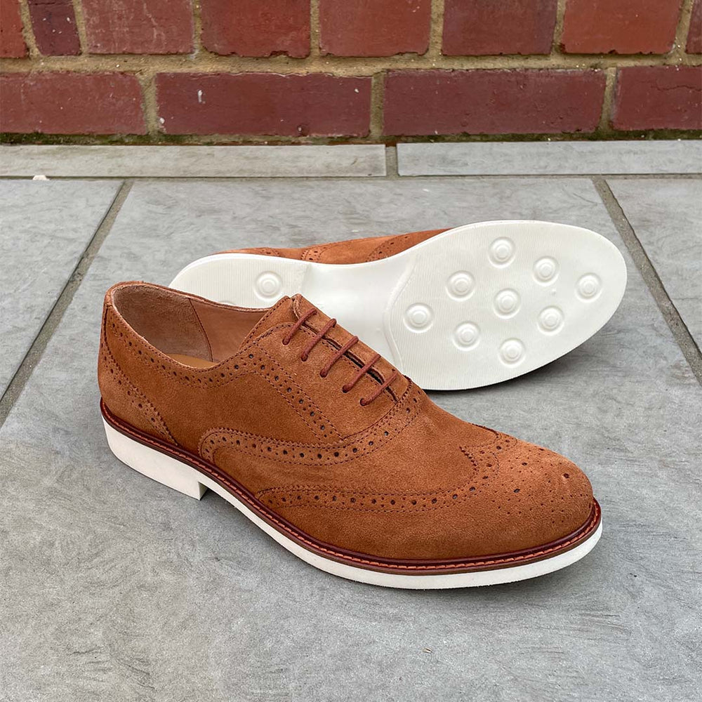 Men's Tan Suede Brogue Shoes White Soles