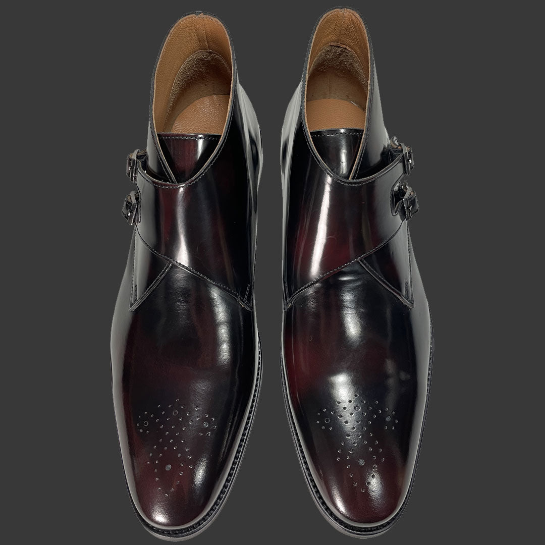Portland Men's Double Monk Strap Boots Burgundy Polished Leather ...